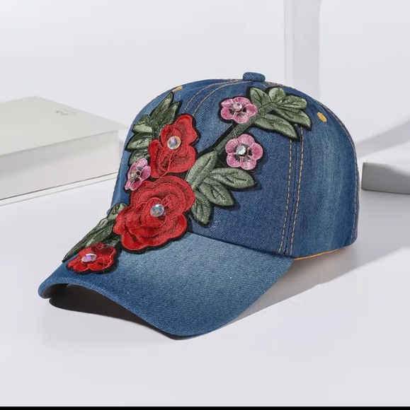 Accessories | Rose Denim Cap With Rhinestone Nwot | Poshmark